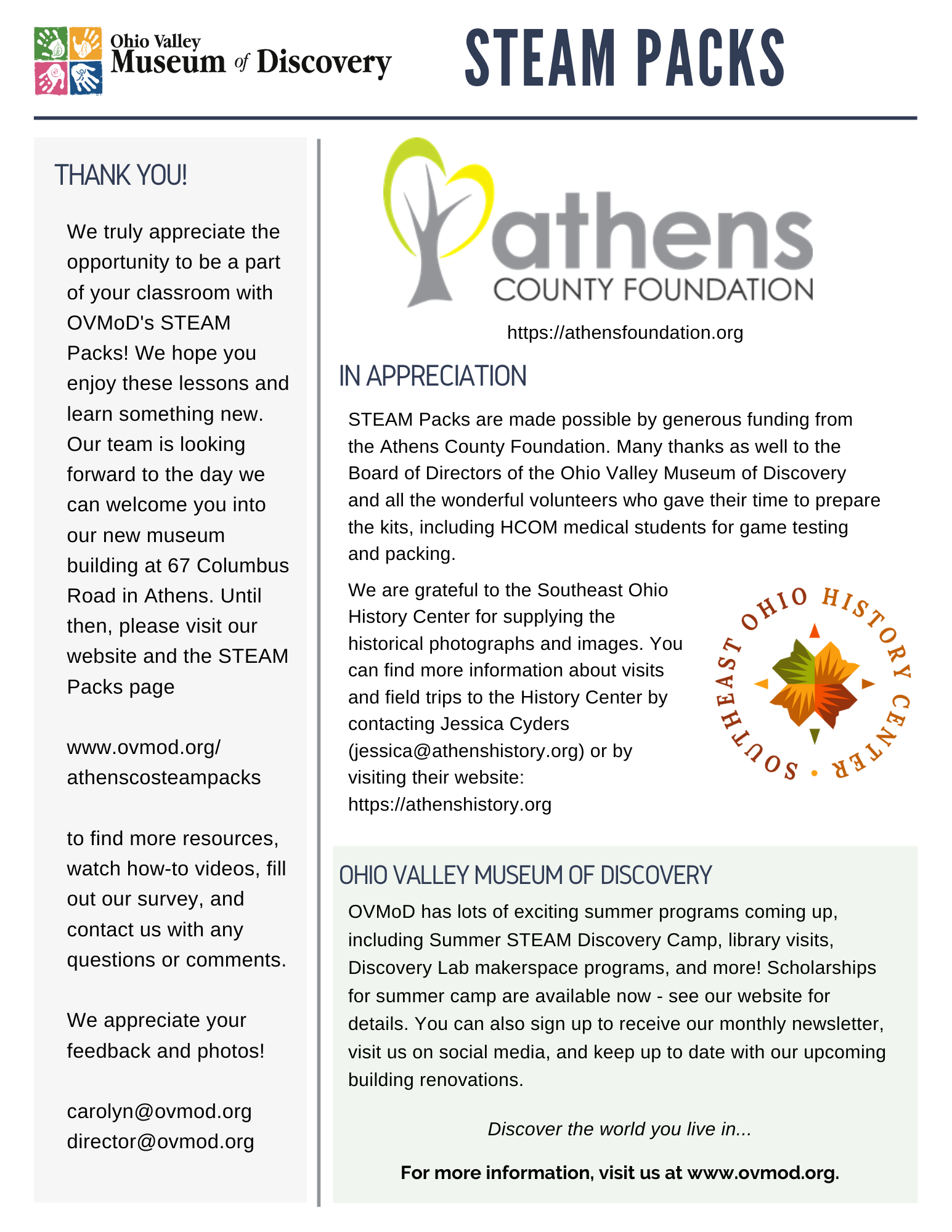 Athens County STEAM Packs | Ohio Valley Museum of Discovery